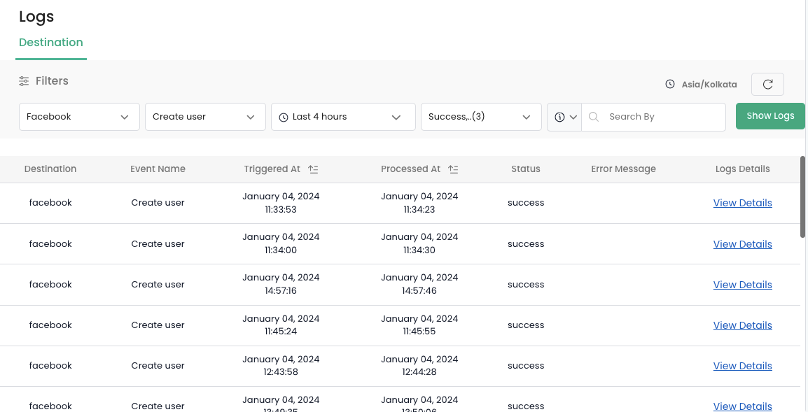 Destination Logs • CustomerLabs CDP